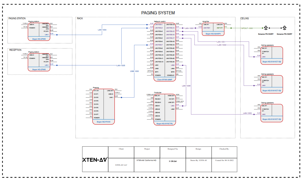 Paging System Line Schematic Drawing Template - XTEN-AV